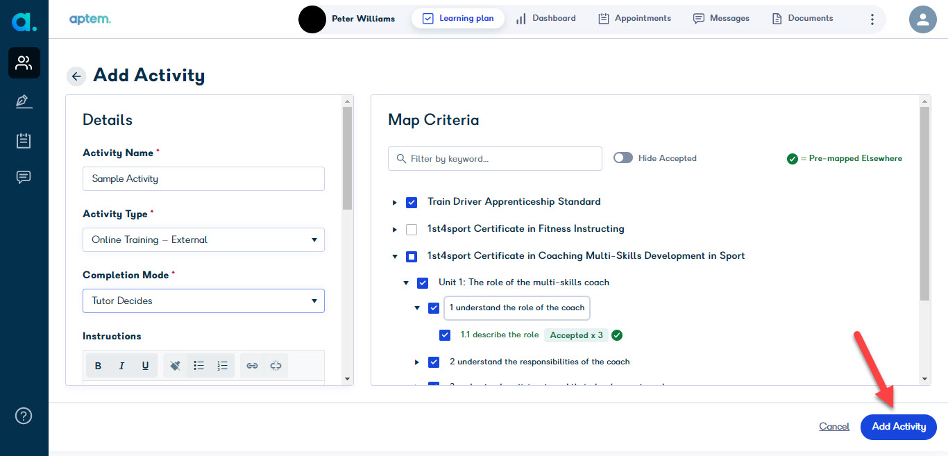 Add activities to an action plan – Aptem Help Centre