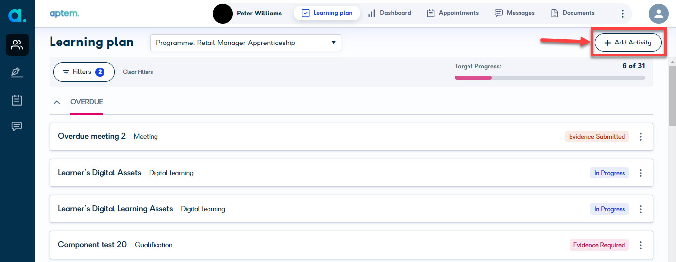 Add activities to a learning plan – Aptem Help Centre